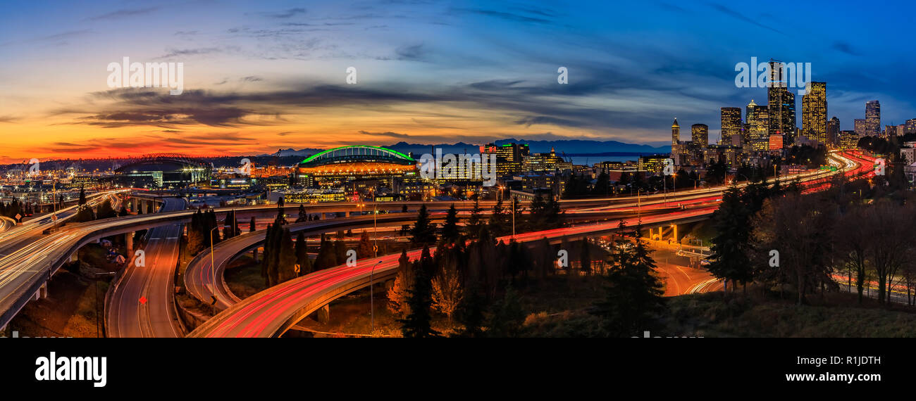 Panorama of Seattle downtown skyline beyond the I-5 I-90 freeway ...