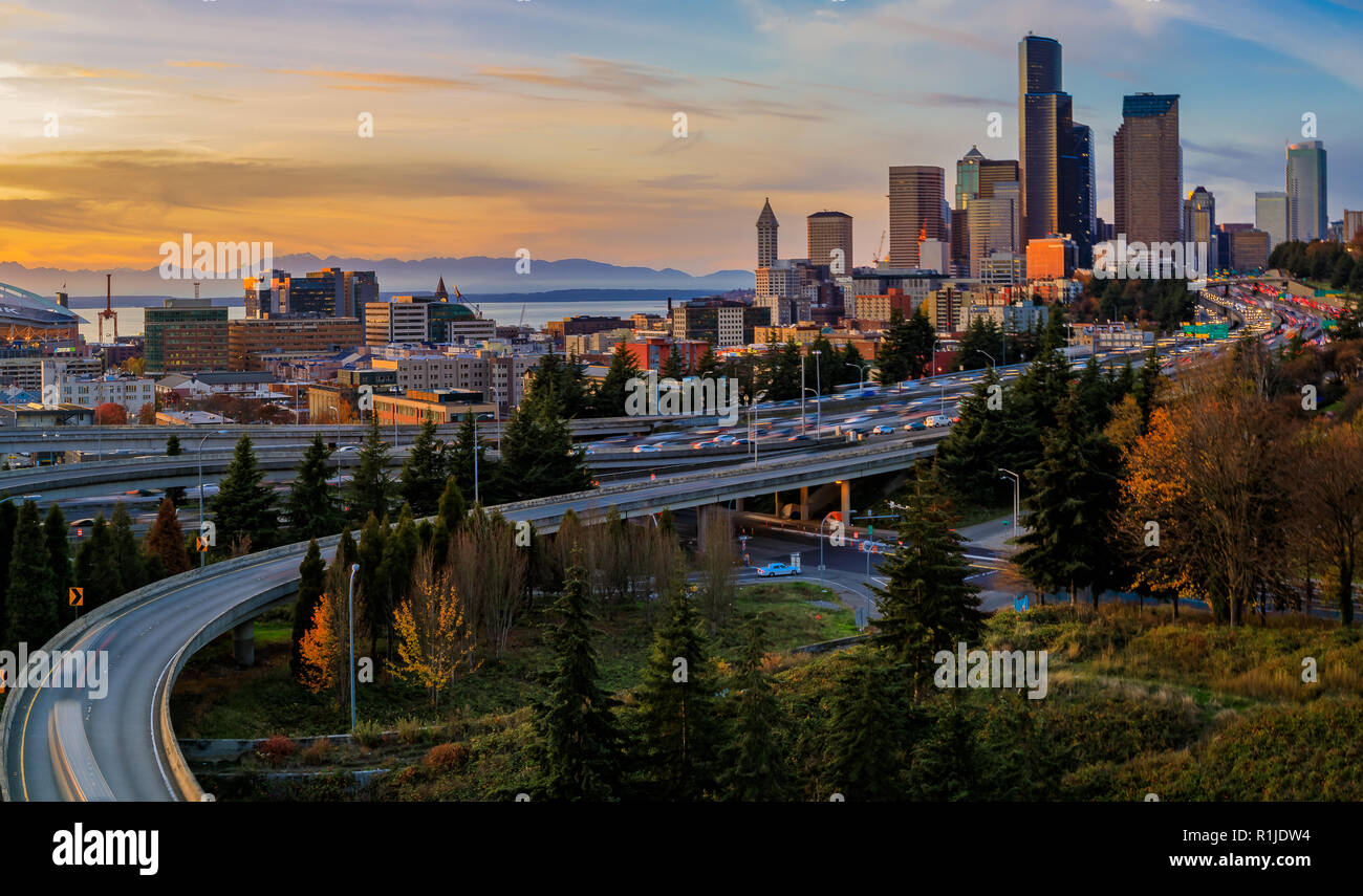 Seattle downtown skyline and skyscrapers beyond the I-5 I-90 freeway ...
