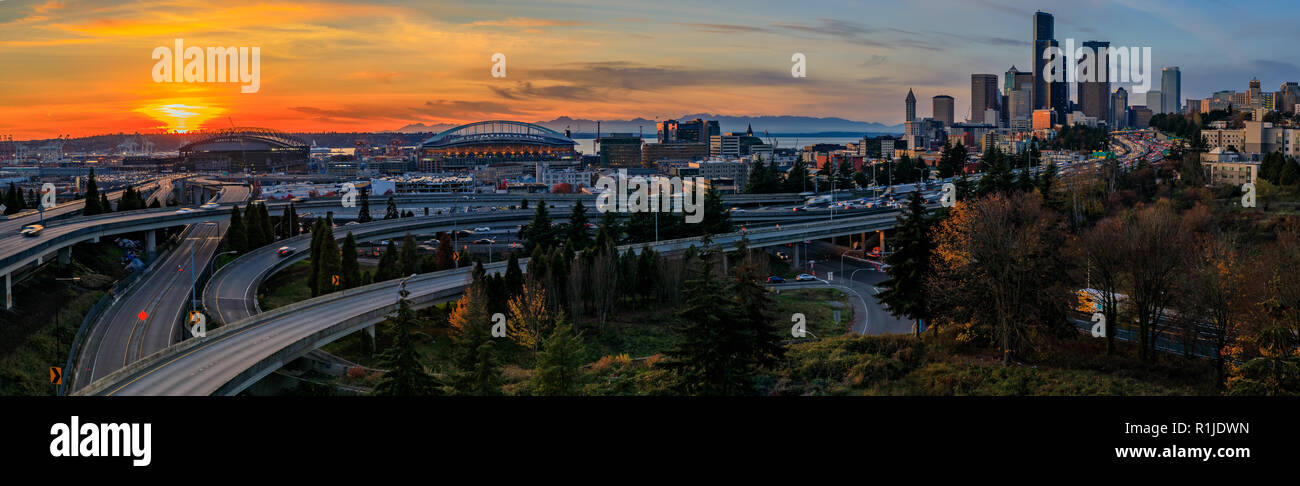 Seattle downtown skyline and skyscrapers beyond the I-5 I-90 freeway ...