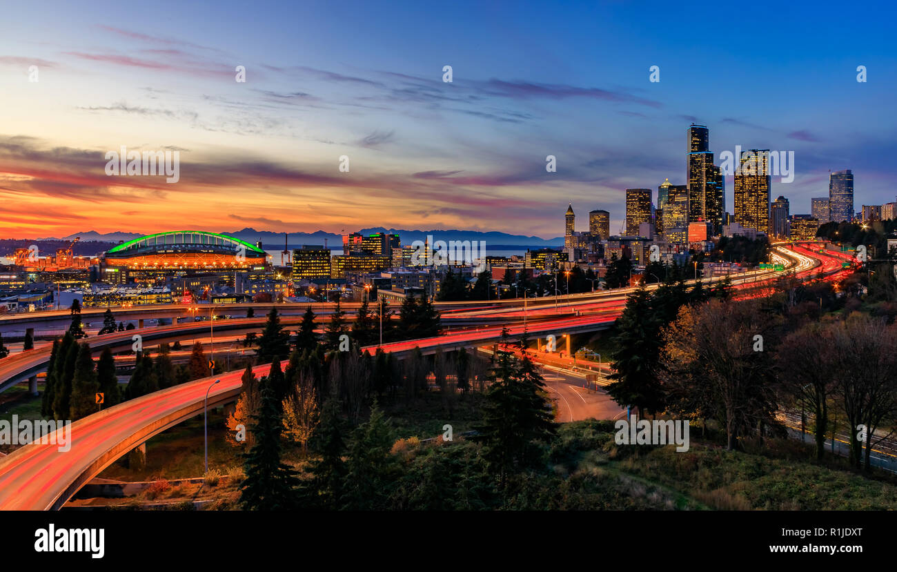Panorama of Seattle downtown skyline beyond the I-5 I-90 freeway ...