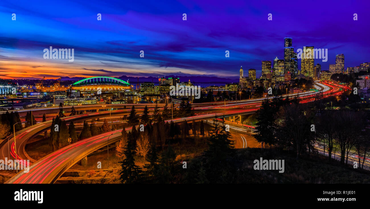 Seattle downtown skyline and skyscrapers beyond the I-5 I-90 freeway ...