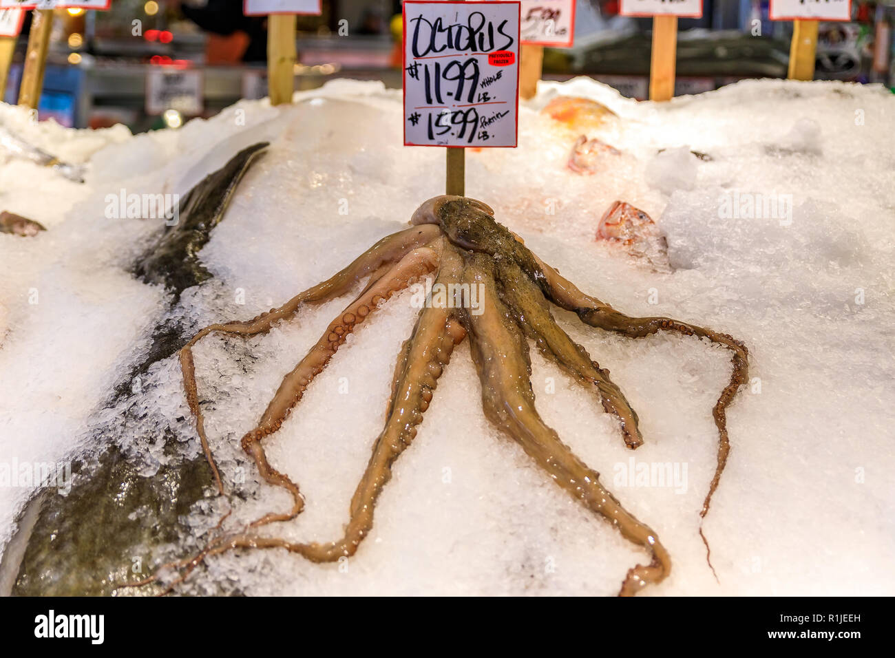 Fresh octopus on ice for sale at Pike Place Market in Seattle ...