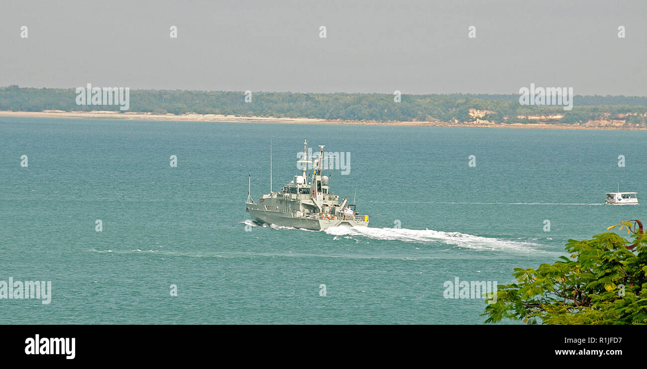 A Royal Australian Navy patrol vessel leaves the Larrakeyah Defence ...