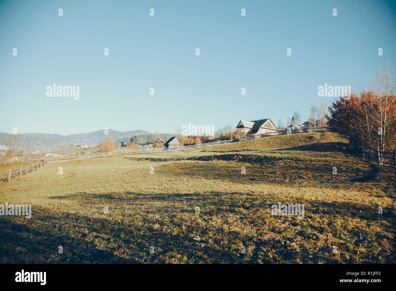 pasture with buildings in mountain Vorokhta town, Carpathians, Ukraine ...