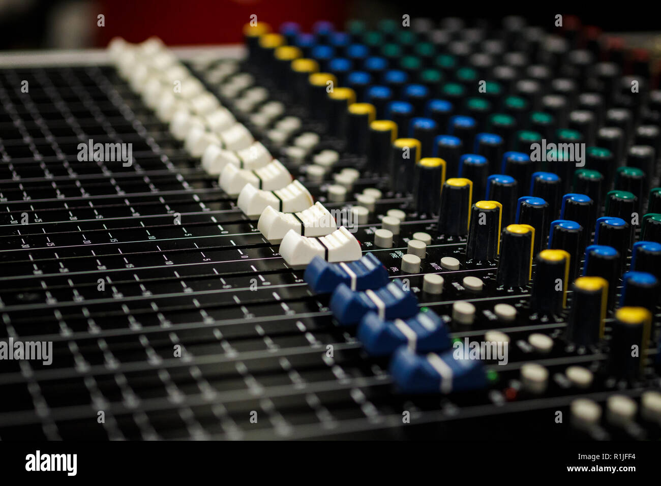 Professional Audio Sound Mixing Console Faders, black desk and white ...