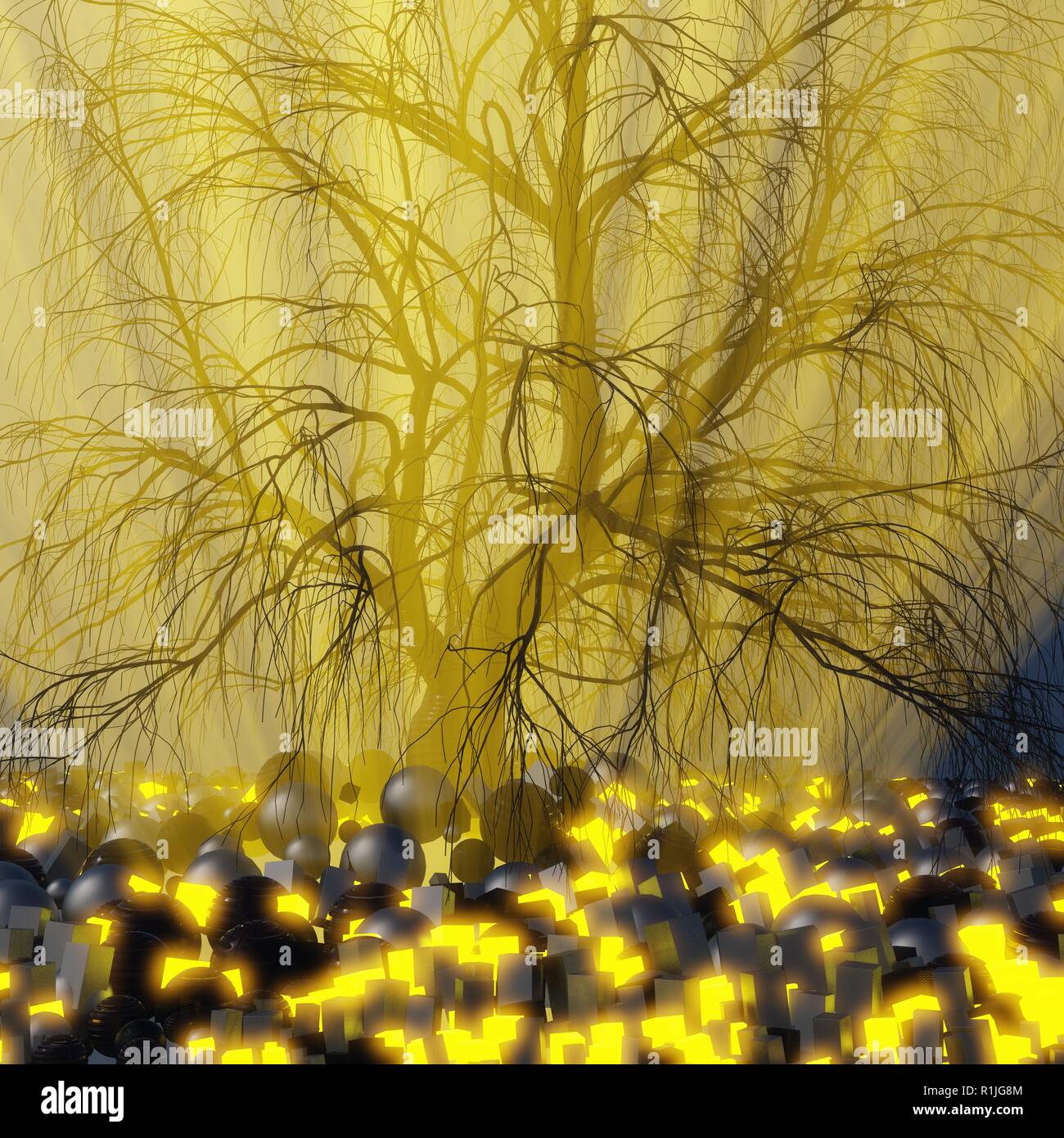 Lonely tree without leaves in fog or mist lit by bright orange sun god ...