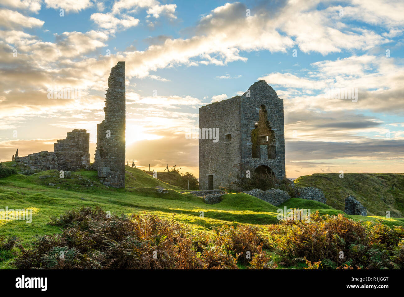 Sunrise at a Cornish Tin mine (Holmans shaft) with cloudy sky, South ...