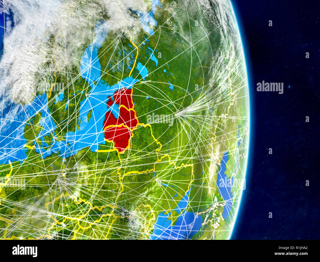 Baltic States on planet Earth with networks. Extremely detailed planet ...