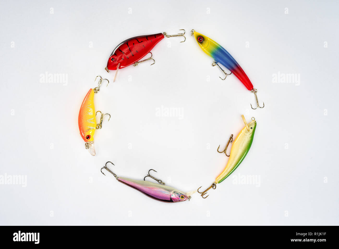 top view of circle made of various fishing bait isolated on white Stock ...