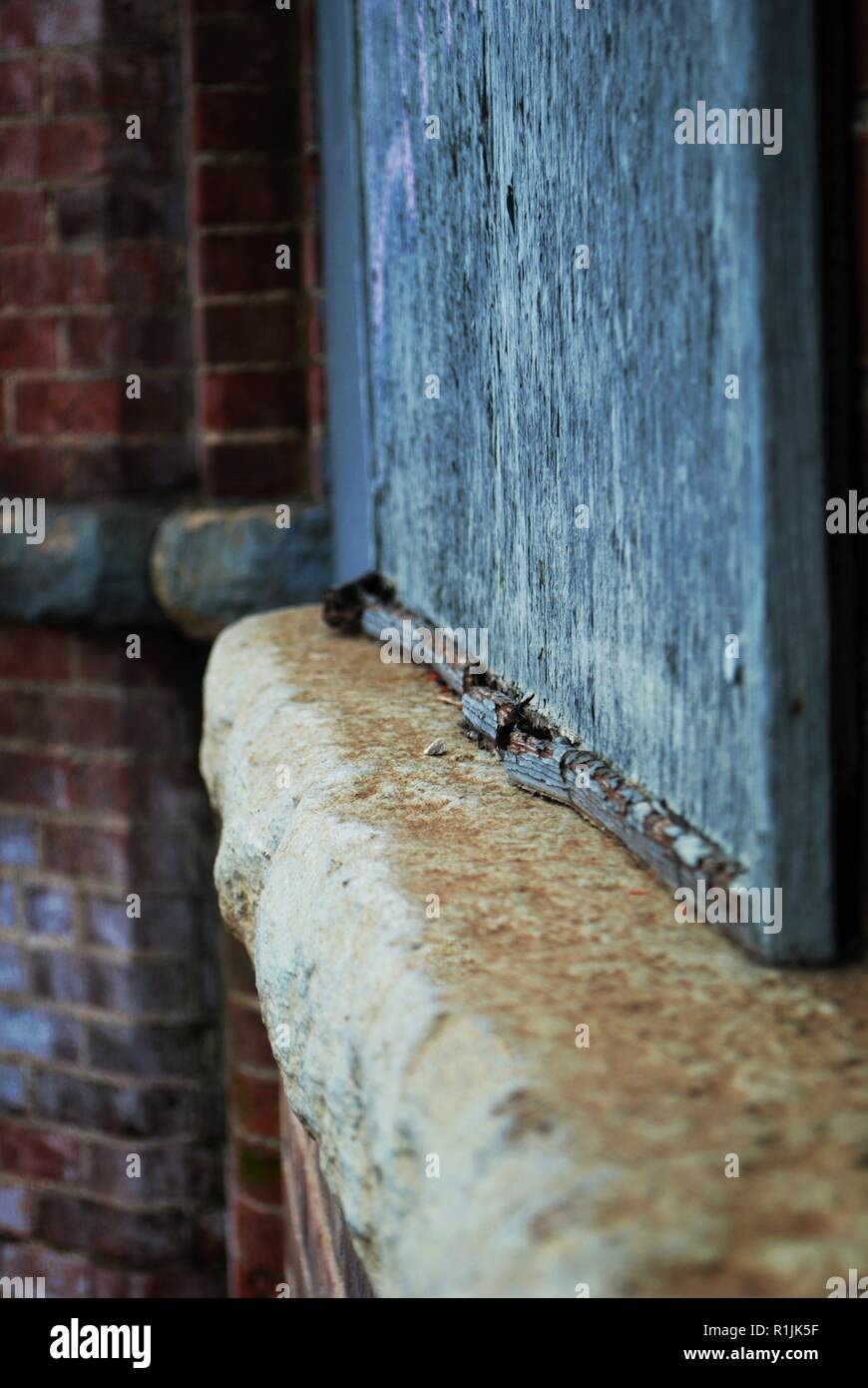 Close up of a dirty broken boarded up window sill on an abandoned ...