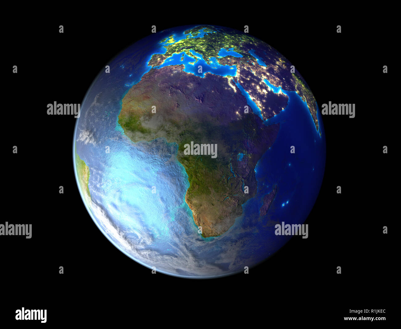 Africa on planet Earth from space illuminated by city lights. 3D ...
