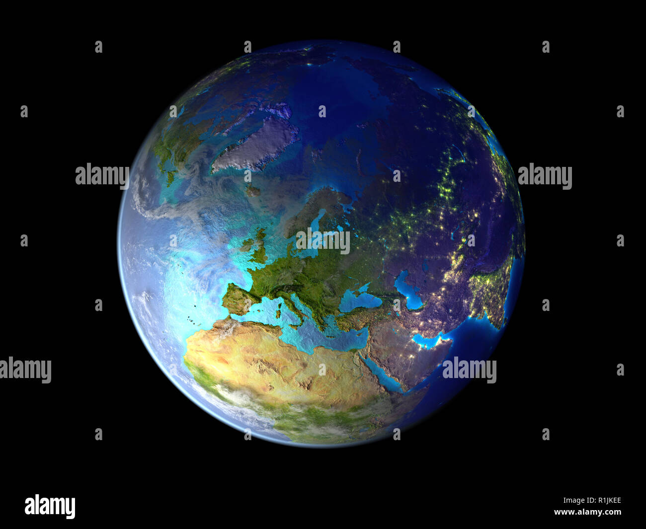 Europe on planet Earth from space illuminated by city lights. 3D ...