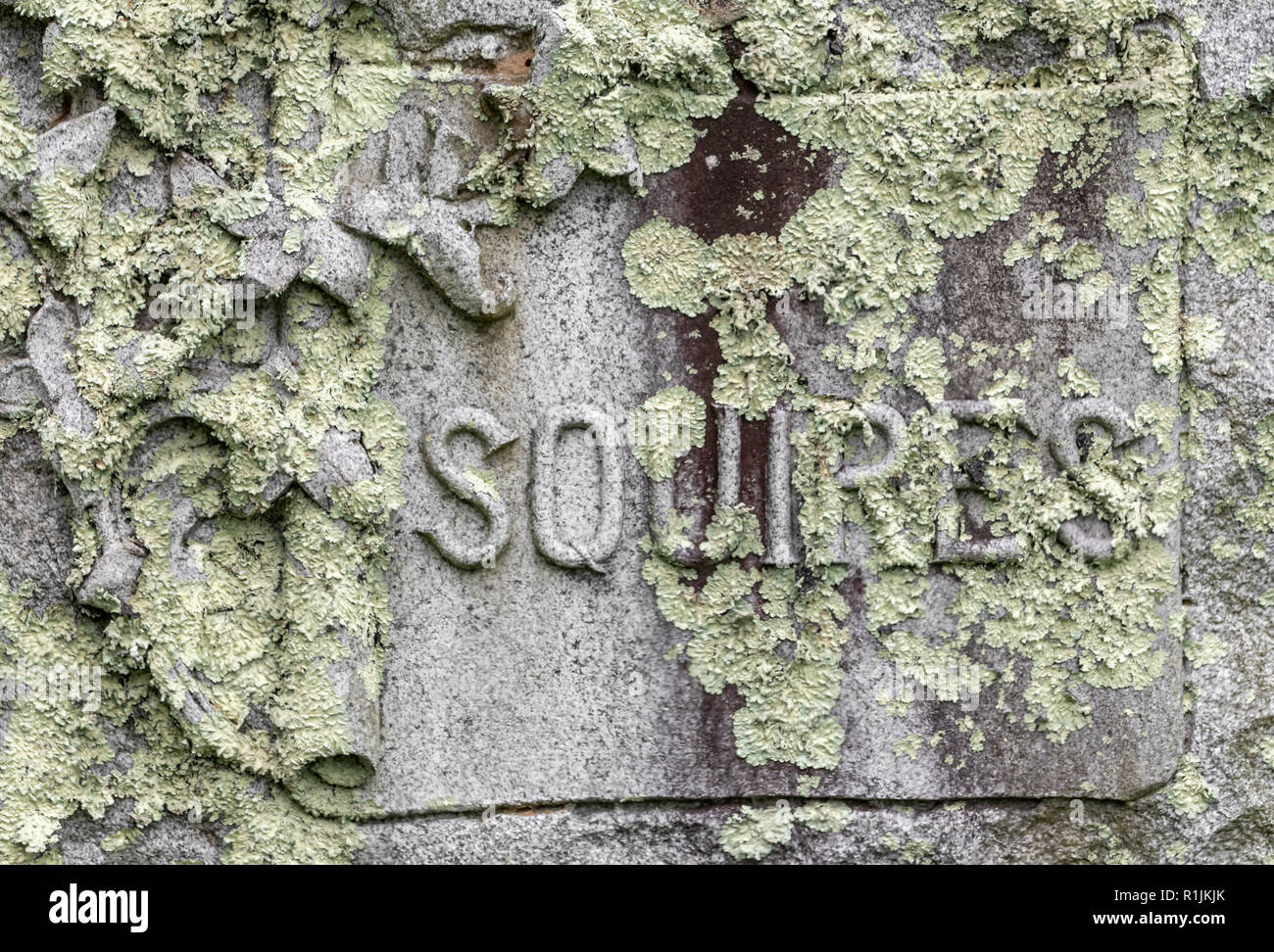 Weathered had stone with the family last name of Squires Stock Photo ...