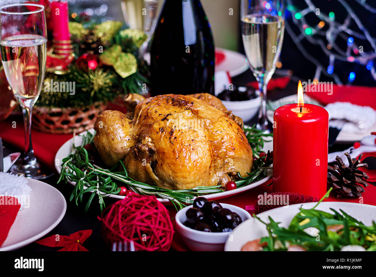 Baked turkey. Christmas dinner. The Christmas table is served with a ...