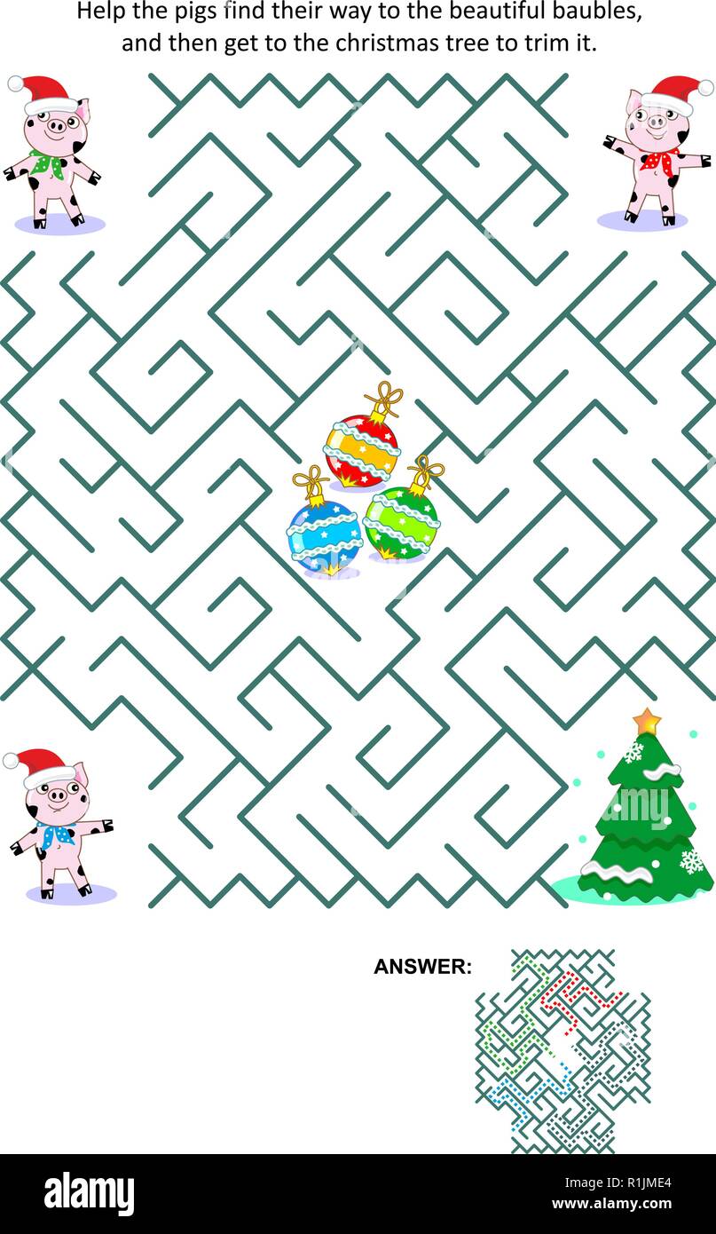 Winter holidays, Christmas or New Year maze game: Help the little pigs ...
