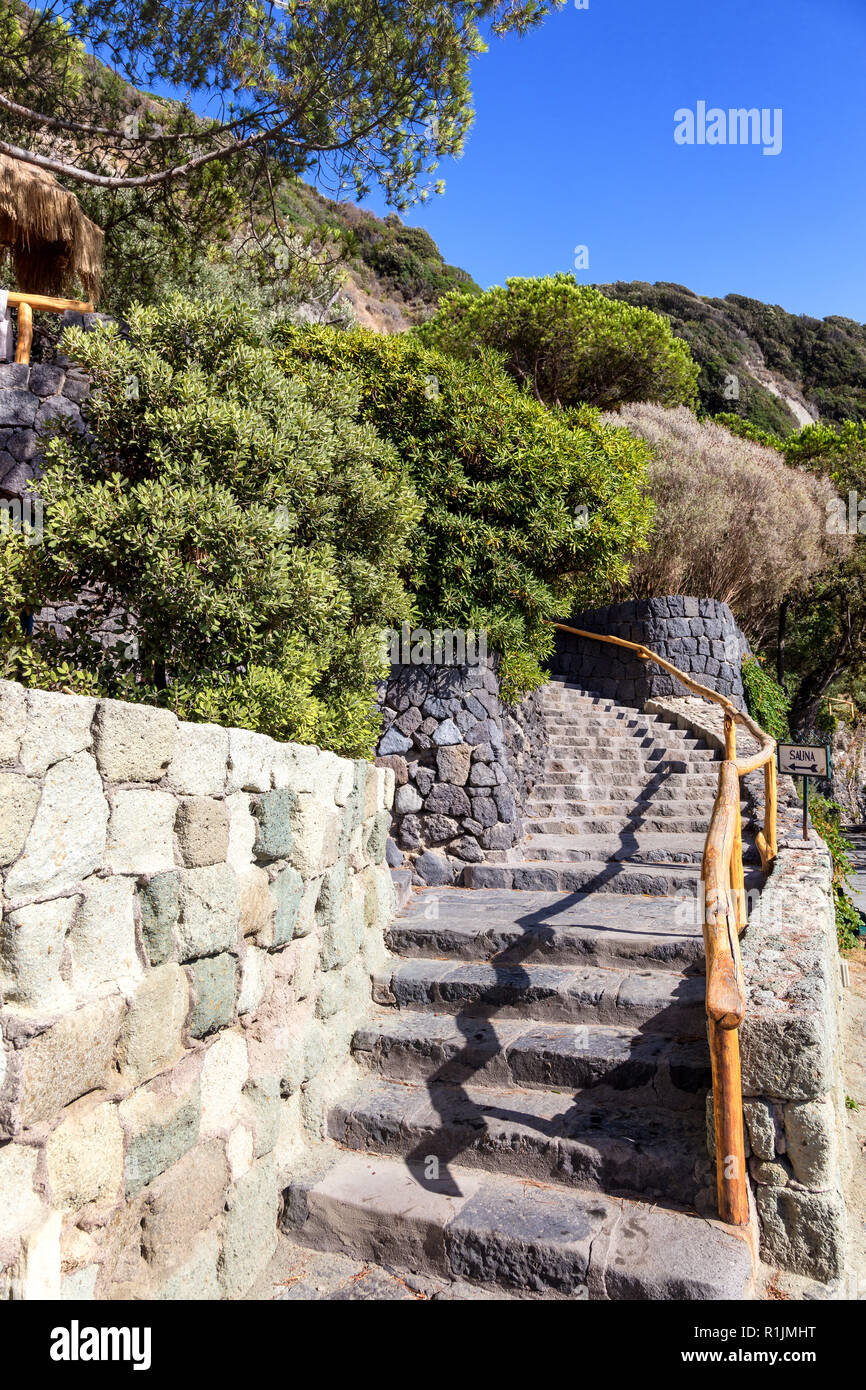 View of the staircase to the natural sauna of the Poseidon thermal ...