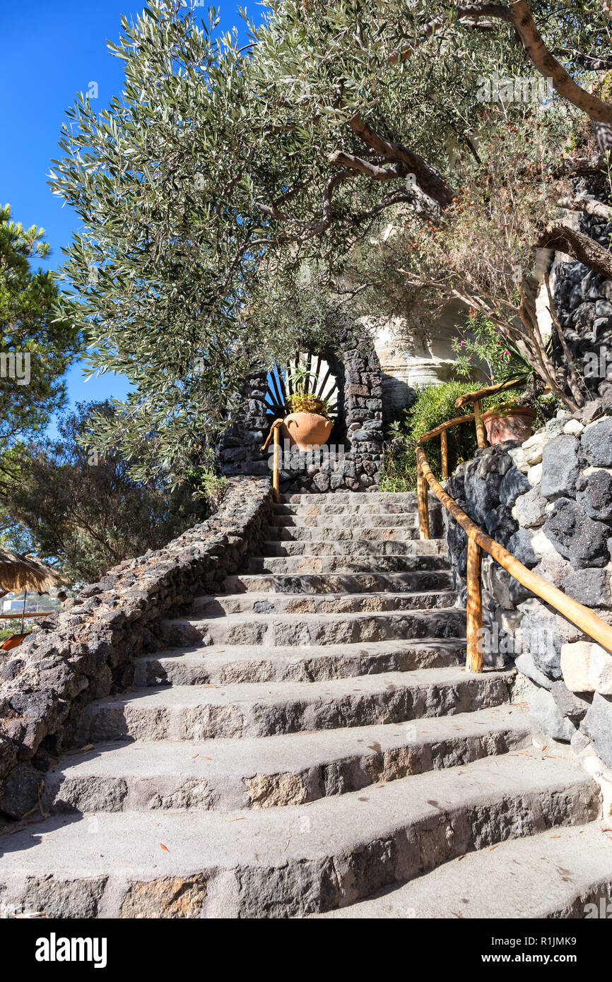 View of the staircase to the natural sauna of the Poseidon thermal ...