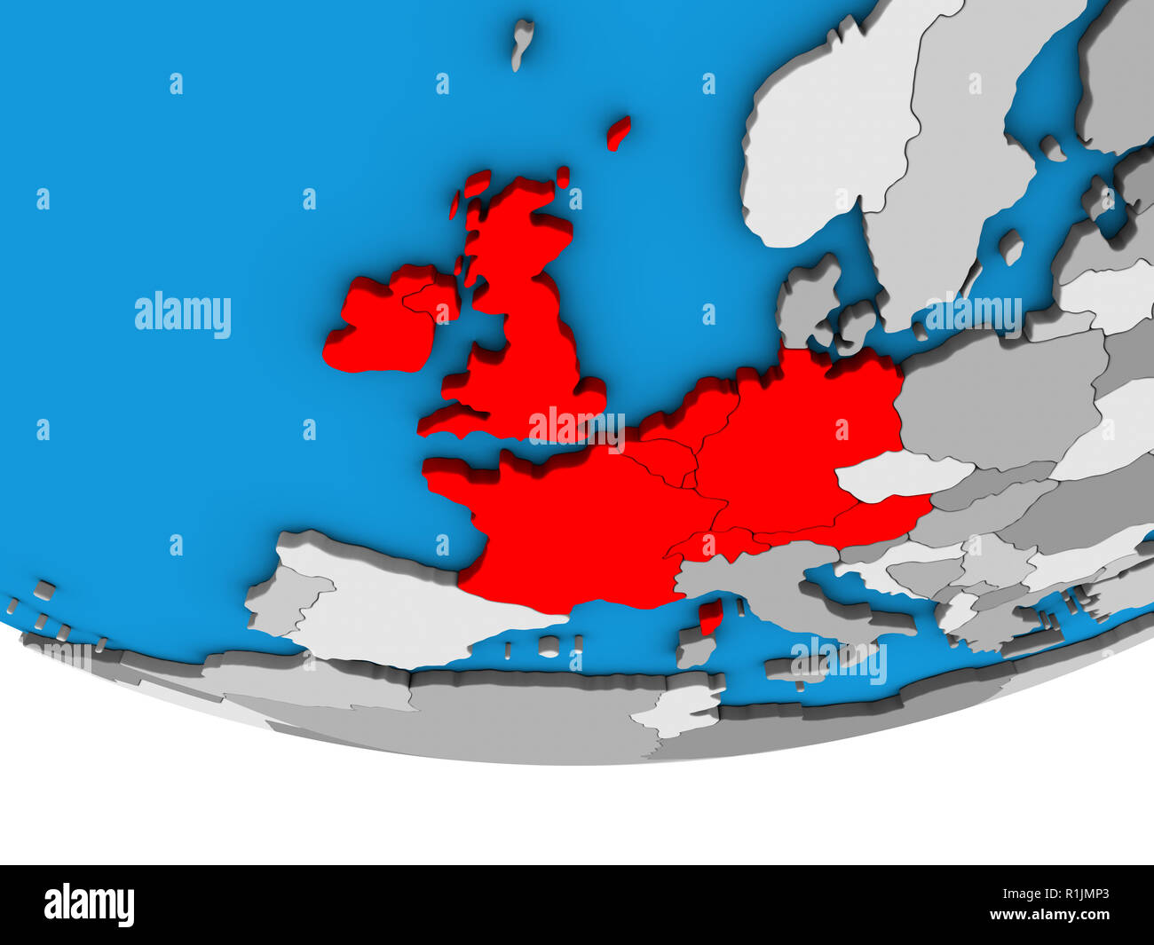 Western Europe on simple political 3D globe. 3D illustration Stock ...