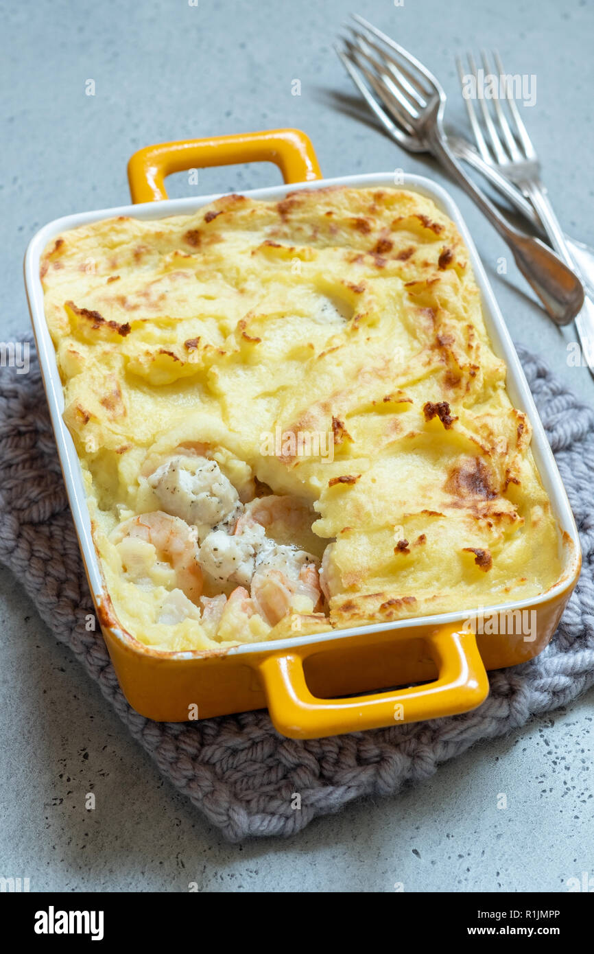 Fish pie with shrimp topped with mashed potato Stock Photo - Alamy