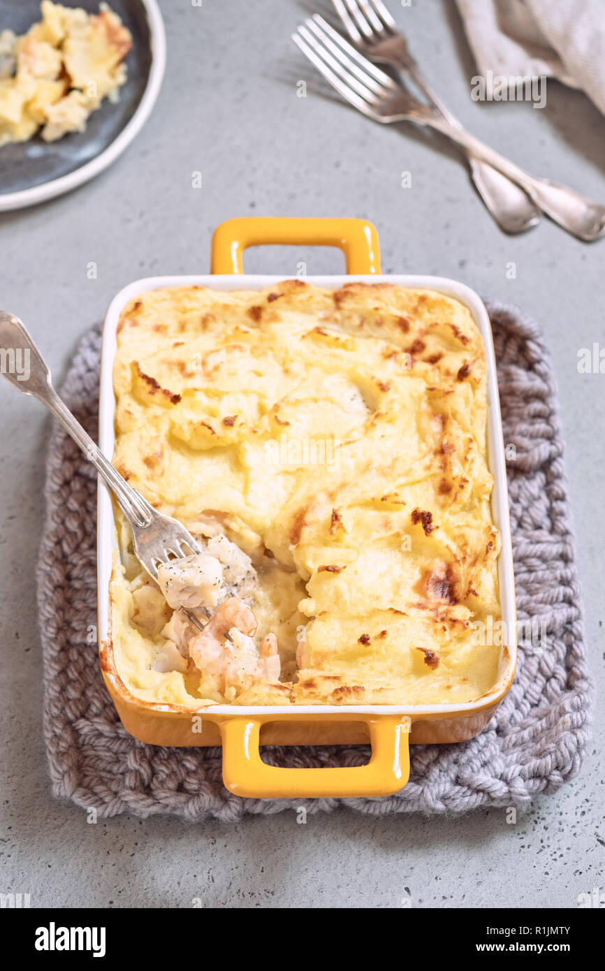 Fish pie with shrimp topped with mashed potato Stock Photo - Alamy