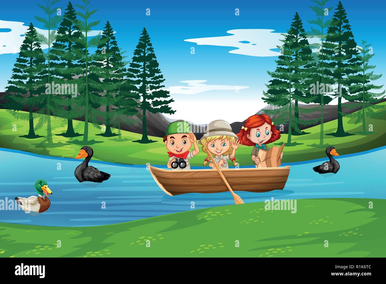 Children paddle on wooden boat illustration Stock Vector Image & Art ...