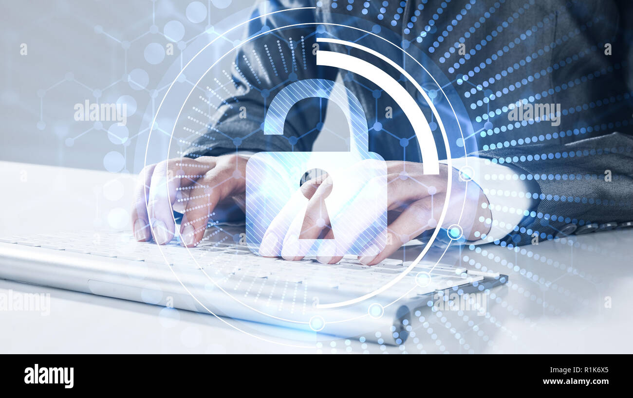 Internet security concept with woman typing password on keyboard Stock ...