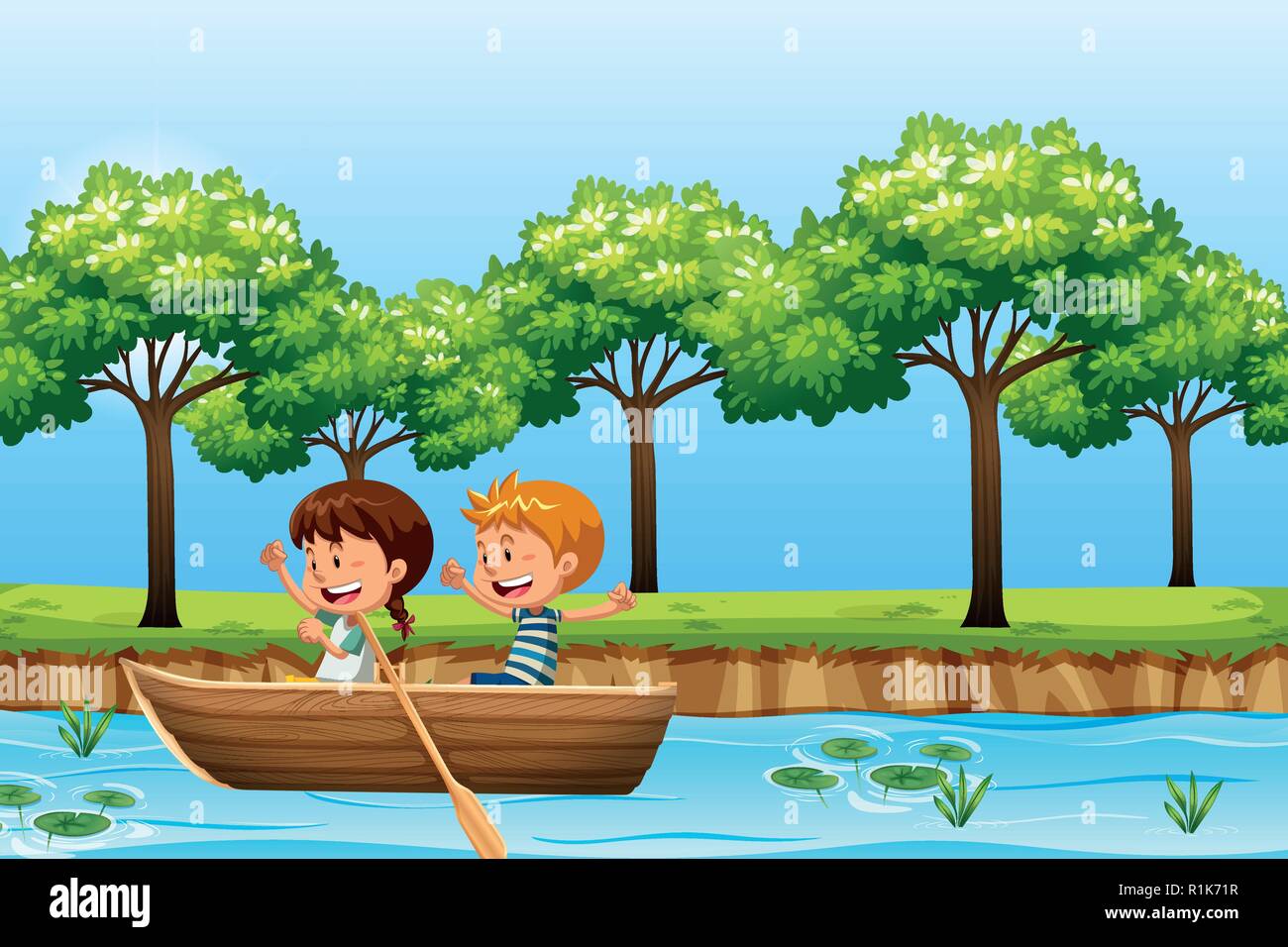 Children paddle wooden boat illustration Stock Vector Image & Art - Alamy