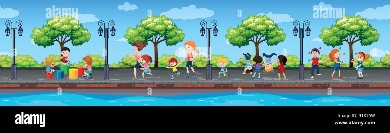Long park scene with people illustration Stock Vector Image & Art - Alamy