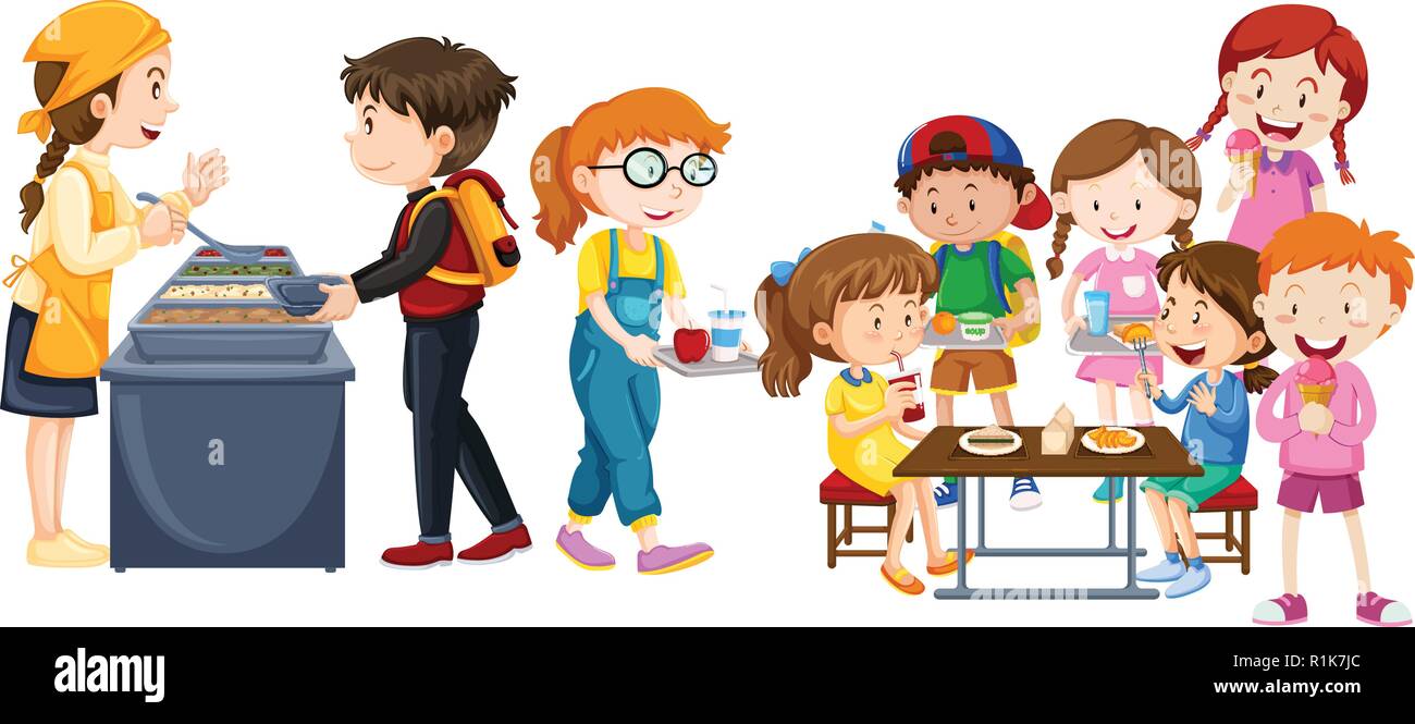 Children eating at cafeteria illustration Stock Vector Image & Art - Alamy