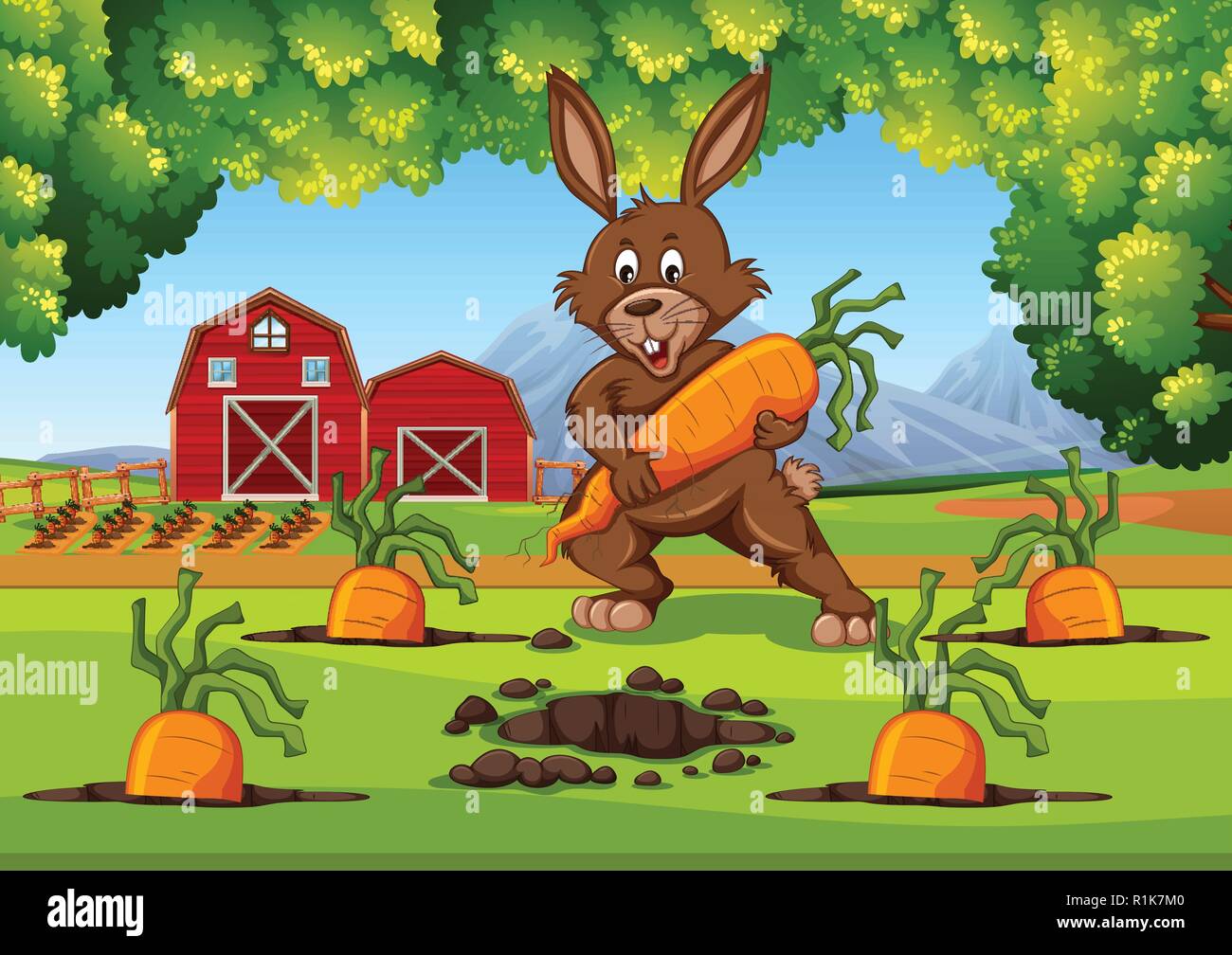 Bunny with carrots farm scene illustration Stock Vector Image & Art - Alamy