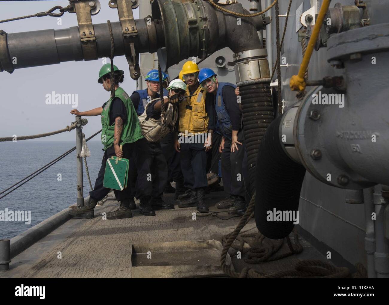 ARABIAN SEA (Oct. 9, 2018) Sailors inspect a refueling probe during a ...