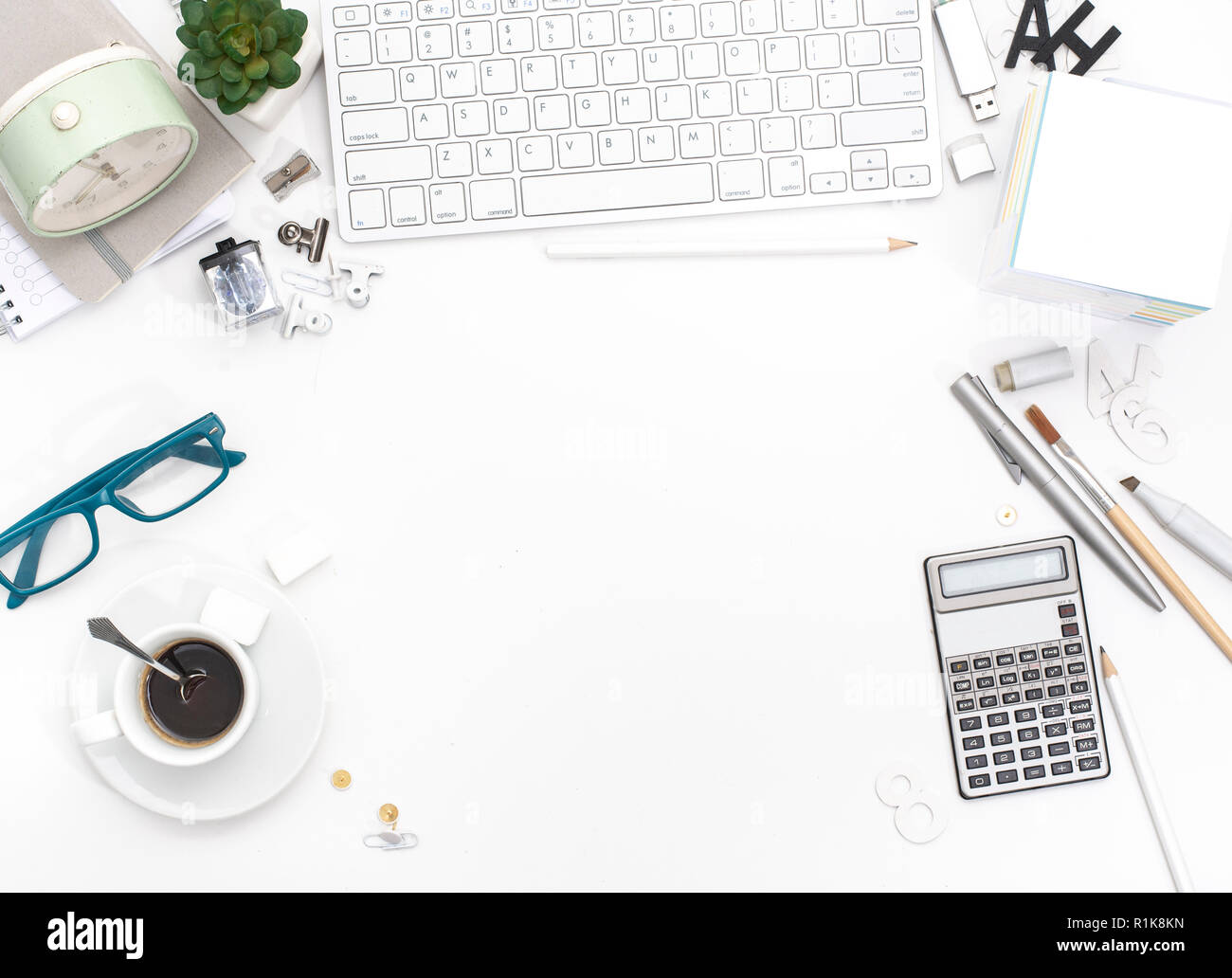 Top view retro home office desk on white background. Hero header Stock ...