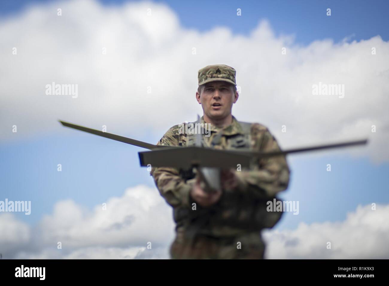A U.S. Army Soldier prepares a RQ-11 Raven B for flight during the ...