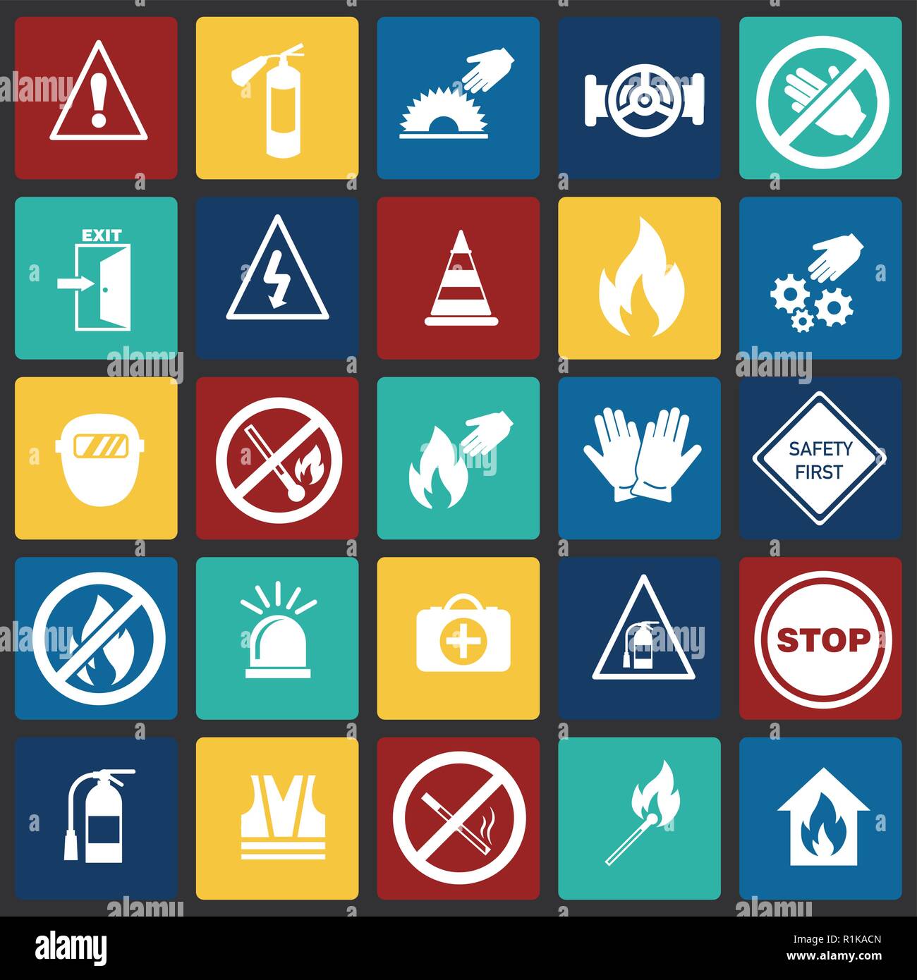 Safety and prohibition signs set on color squares background Stock ...