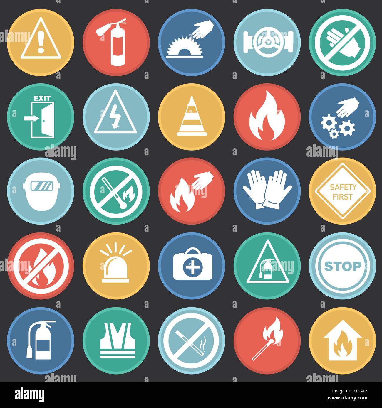 Safety and prohibition signs set on color circels black background ...