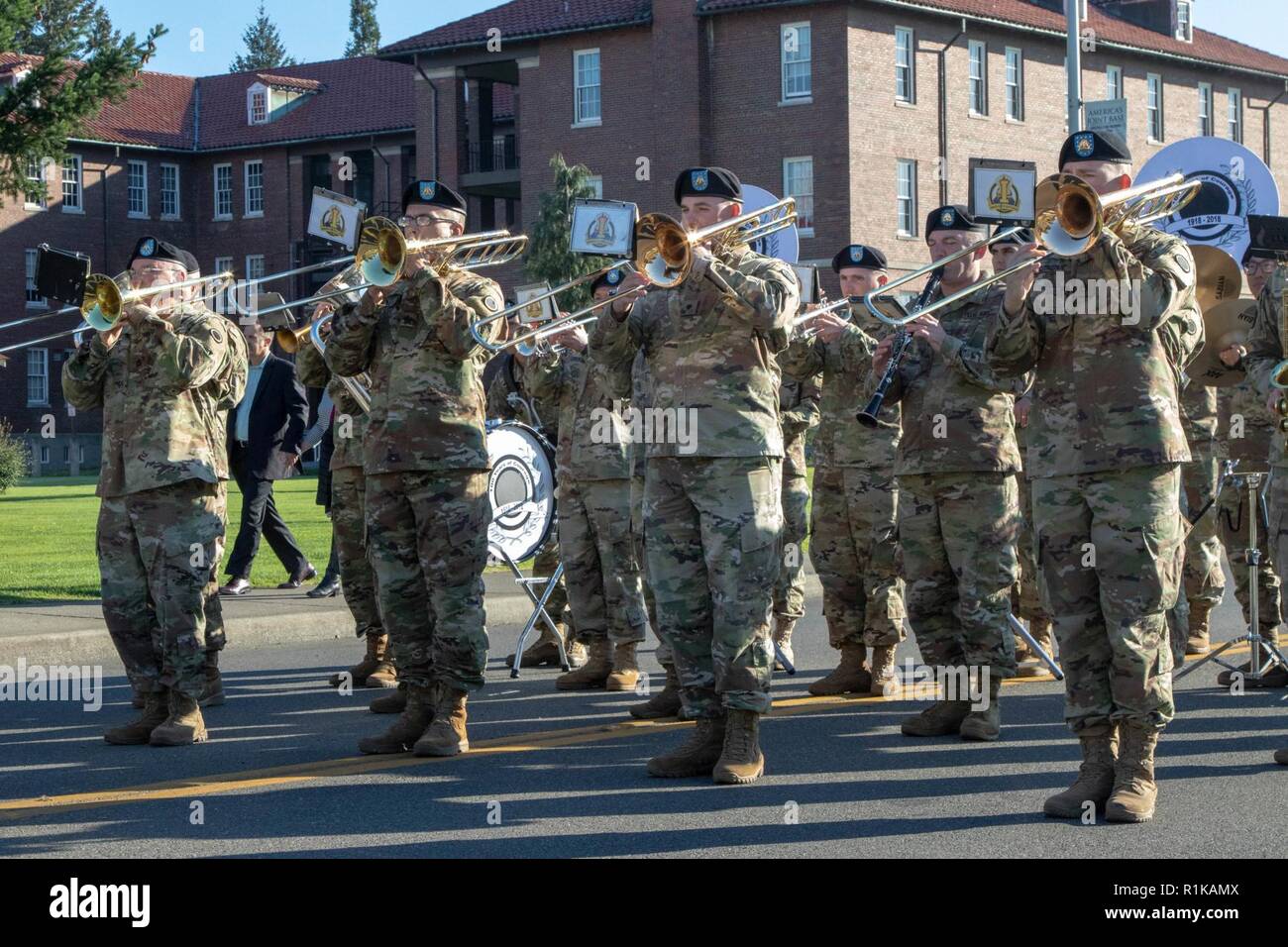 Soldiers from America’s I Corps Band play during a welcome ceremony for ...