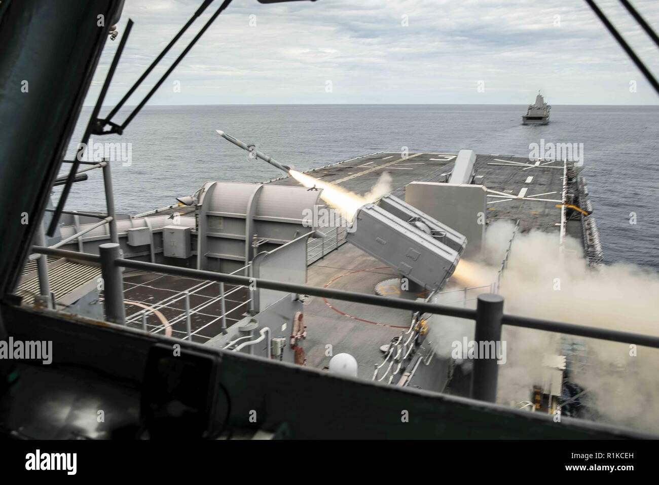 ATLANTIC OCEAN (Oct. 14, 2018) A RIM-7P missile is fired from a NATO ...