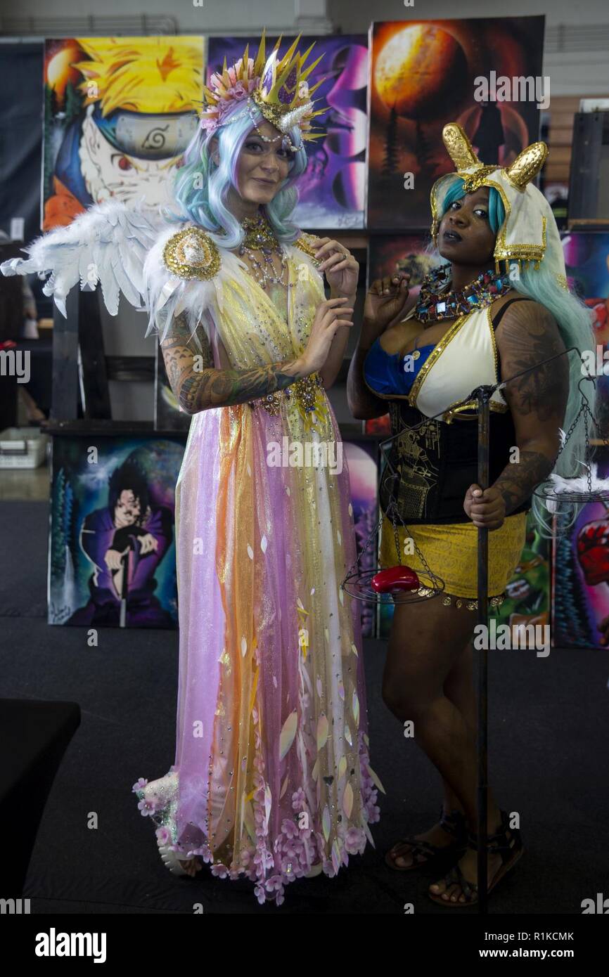 Cosplayers pose for a photo during the Okinawa Comic Con on Camp Foster ...