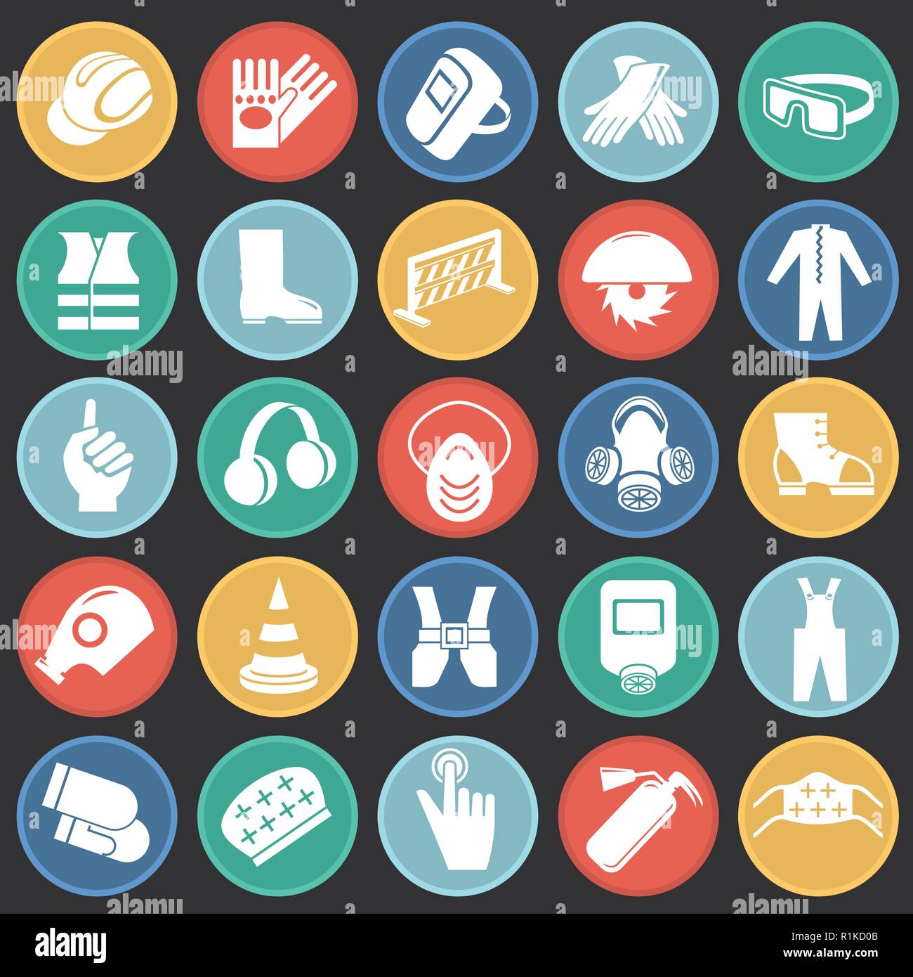 Industrial safety signs set on color circles black background Stock ...