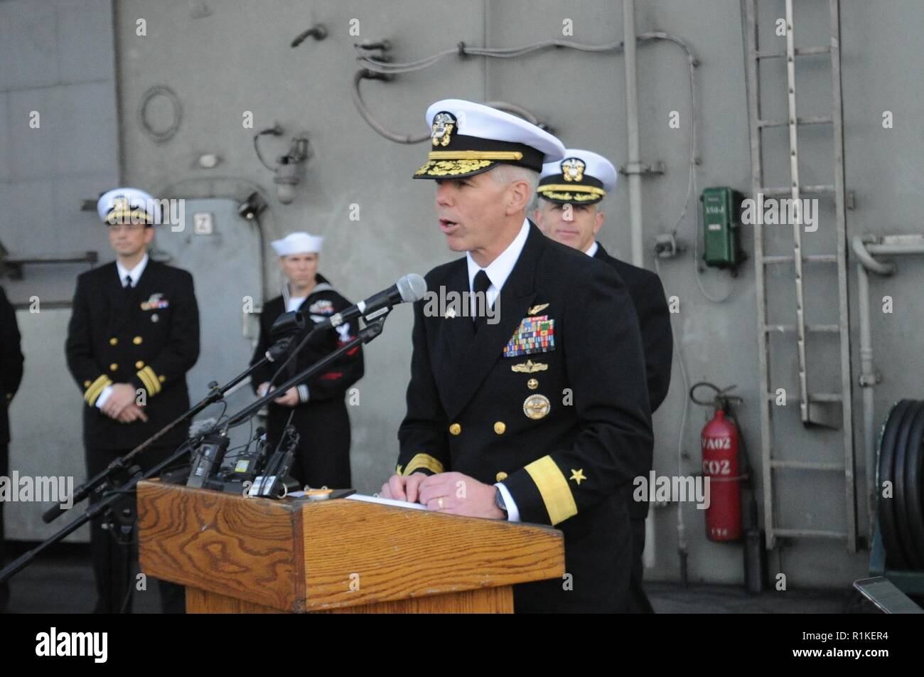 Rear Adm. Karl O. Thomas, commander, Task Force (CTF 70) speaks to ...