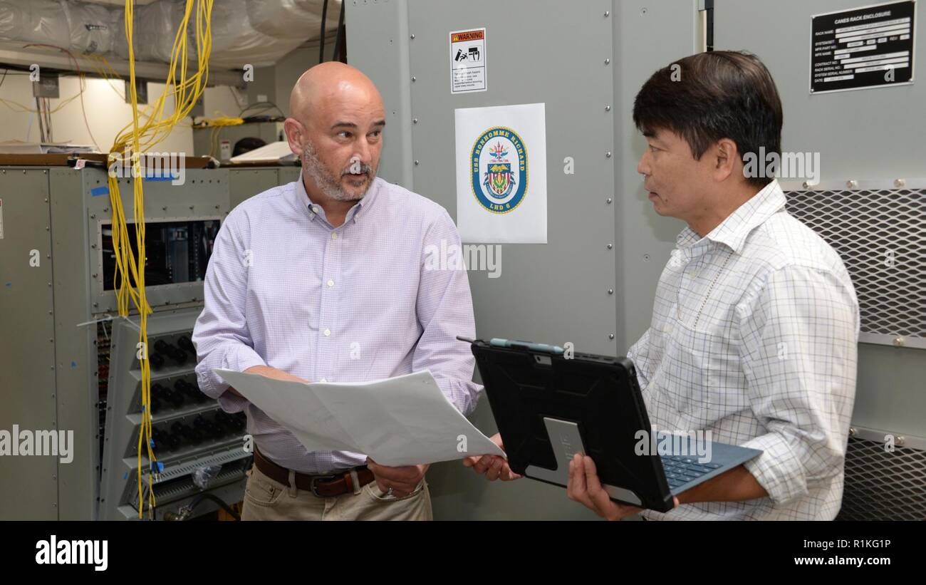 SAN DIEGO (Oct. 4, 2018) David Pyper, left, a Pre-Installation Test and ...