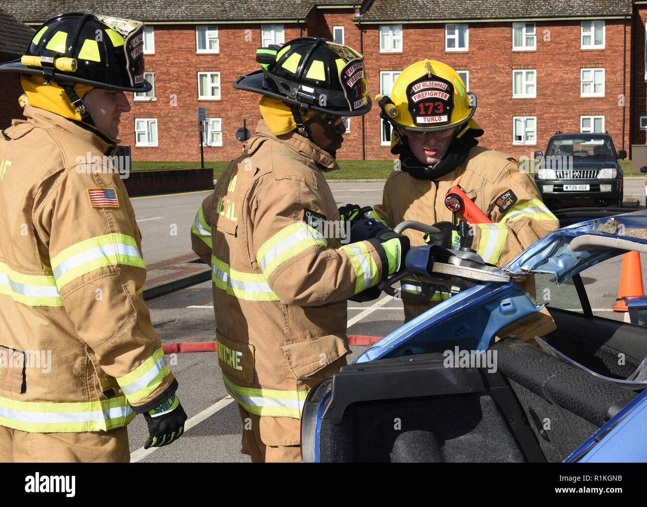 U.S. Air Force firefighters from the 100th Civil Engineer Squadron Fire ...