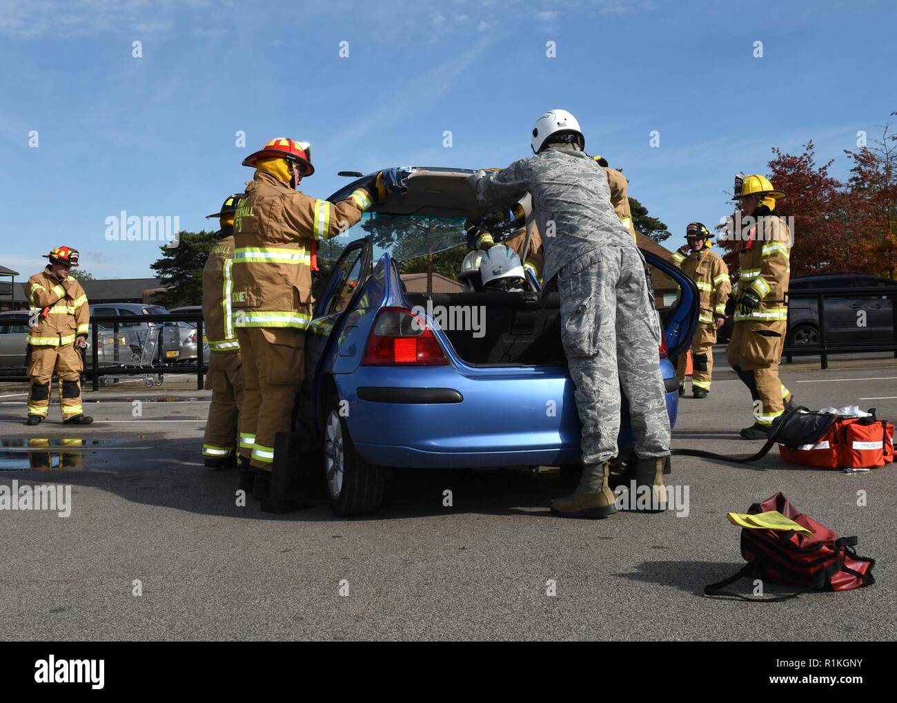 U.S. Air Force firefighters from the 100th Civil Engineer Squadron Fire ...