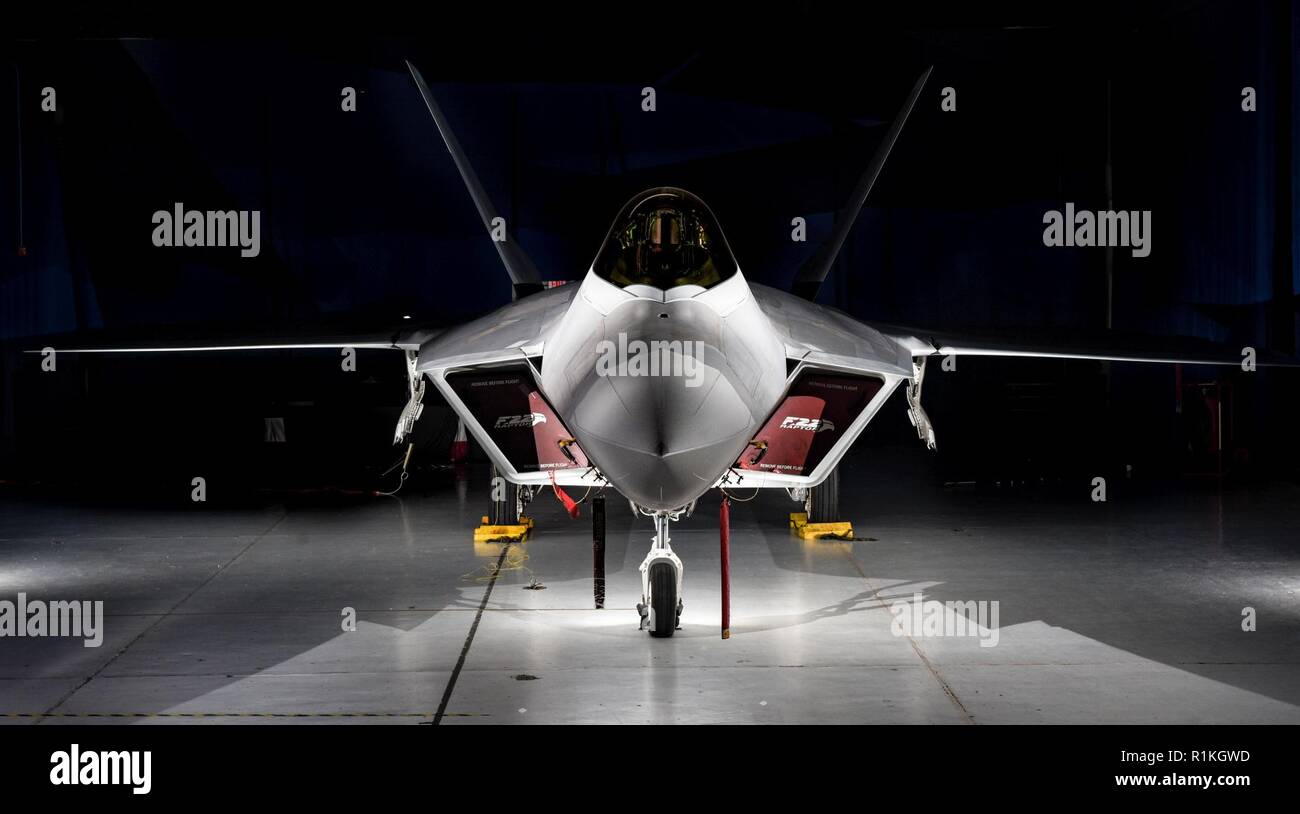An F-22 Raptor from the 1st Fighter Wing is on display in the static ...