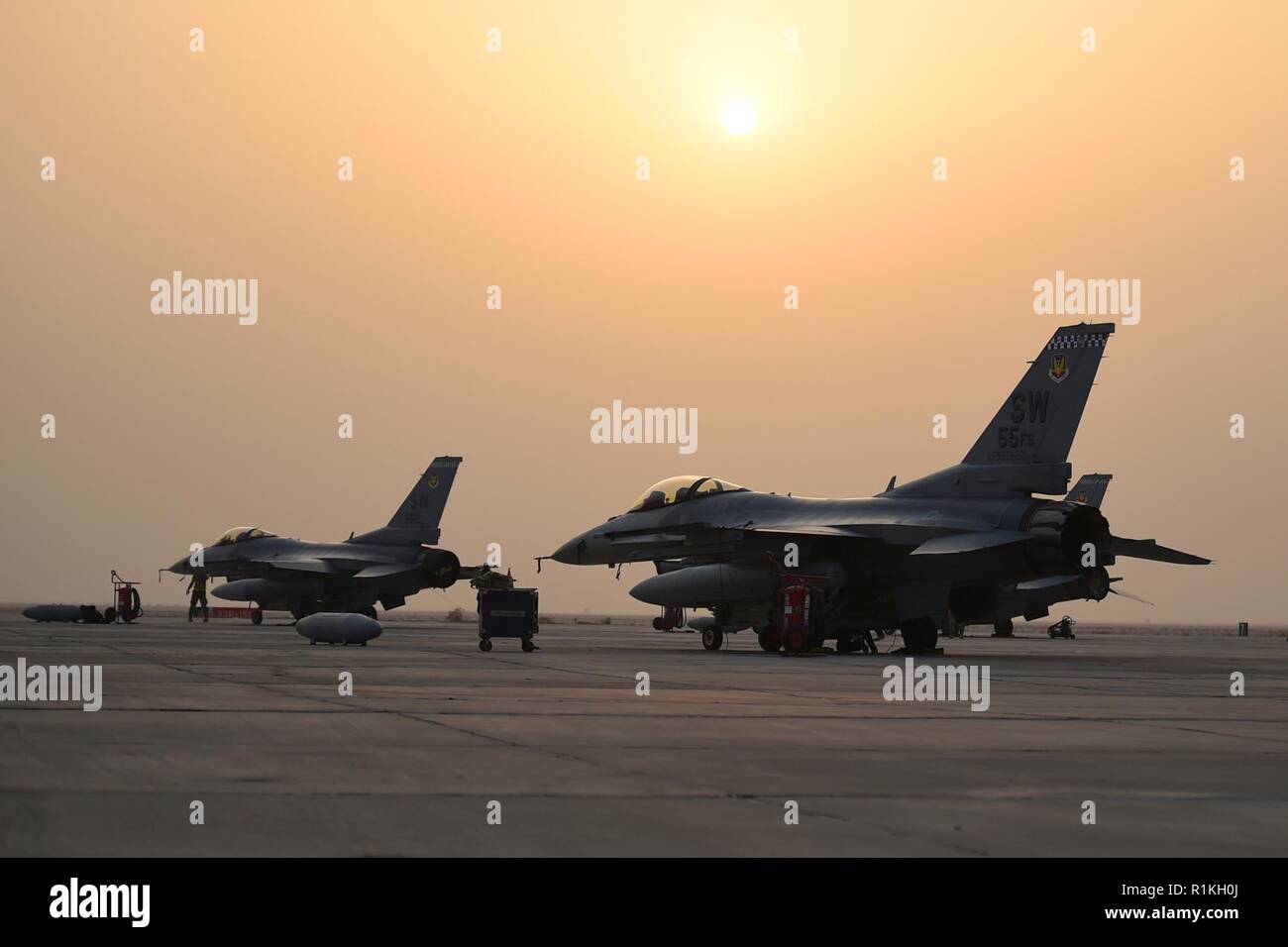 F-16 Fighting Falcons assigned to the 55th Expeditionary Fighter ...