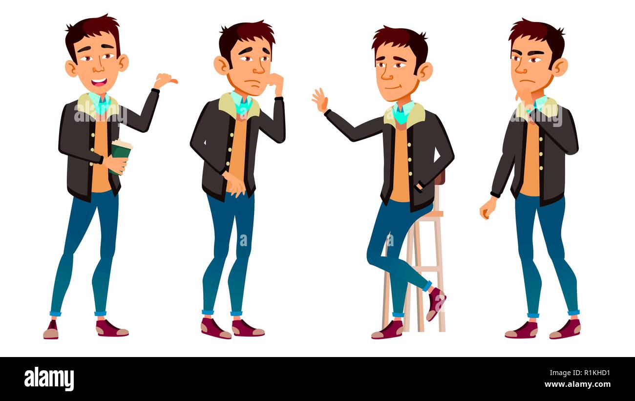 Asian Teen Boy Poses Set Vector. Adult People. Casual. For ...