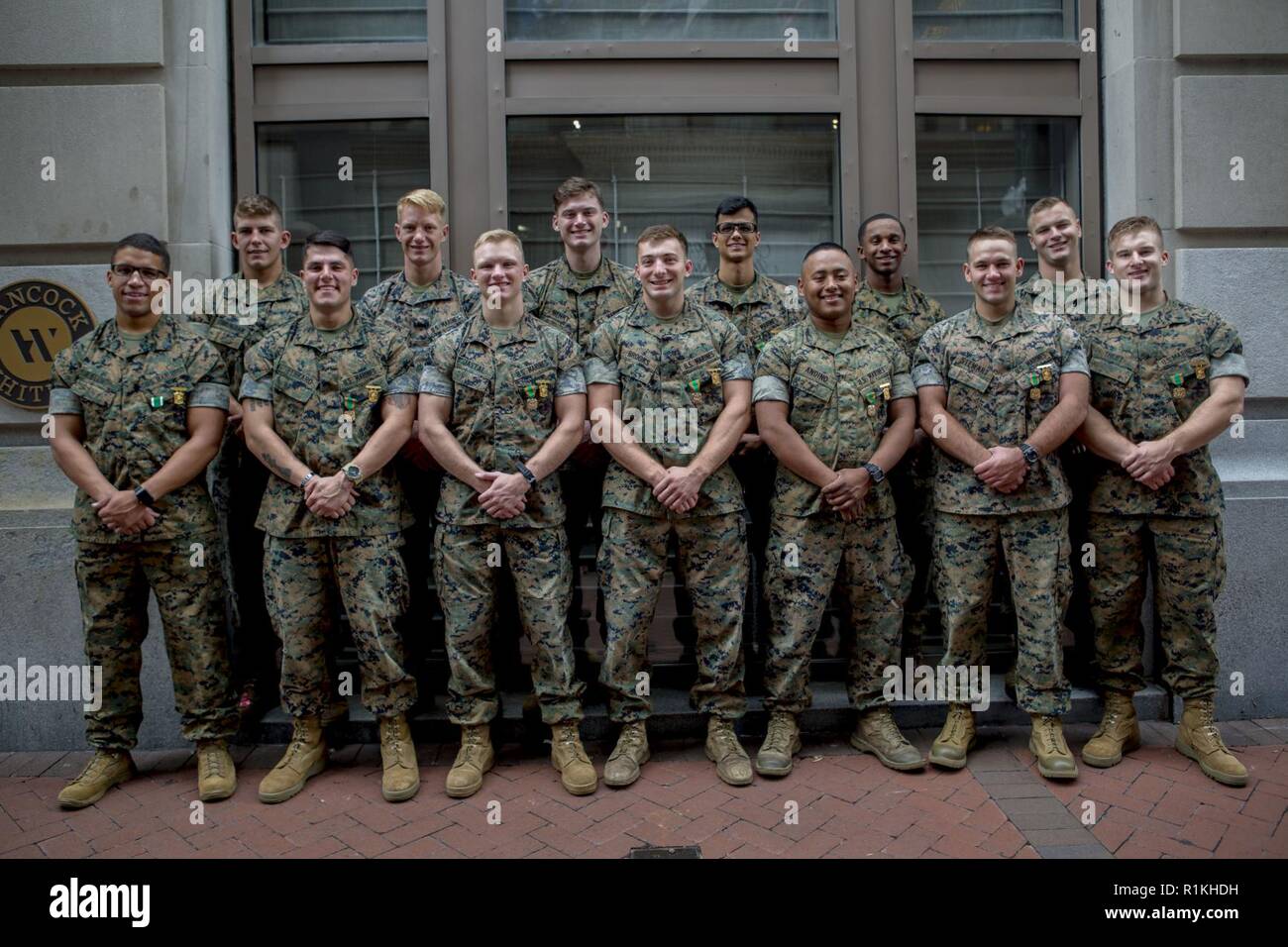 Marines with 3rd Battalion, 23rd Marine Regiment, pose for a photo at the AC Hotel in New ...
