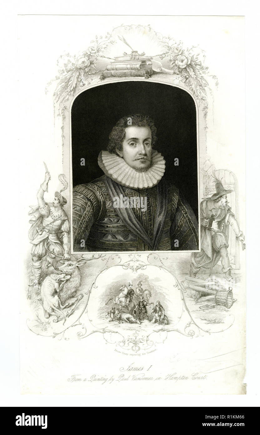Portrait engraving of King James I, Britain, 19th century, from a ...