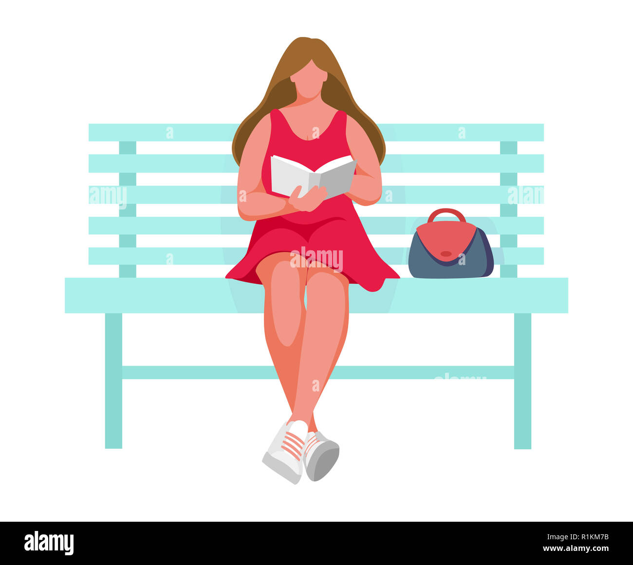 Girl sitting on bench. Woman reading book. Girl in red dress ...