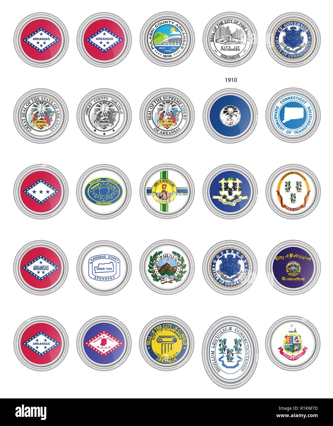 Set of vector icons. Flags of Arkansas and Connecticut states, USA. 3D ...